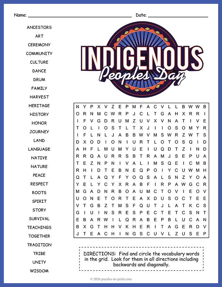 Indigenous Peoples Day Word Search