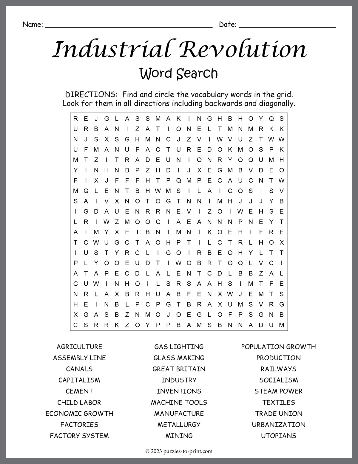 Industrial Revolution Word Search Industrial Revolution Word Search