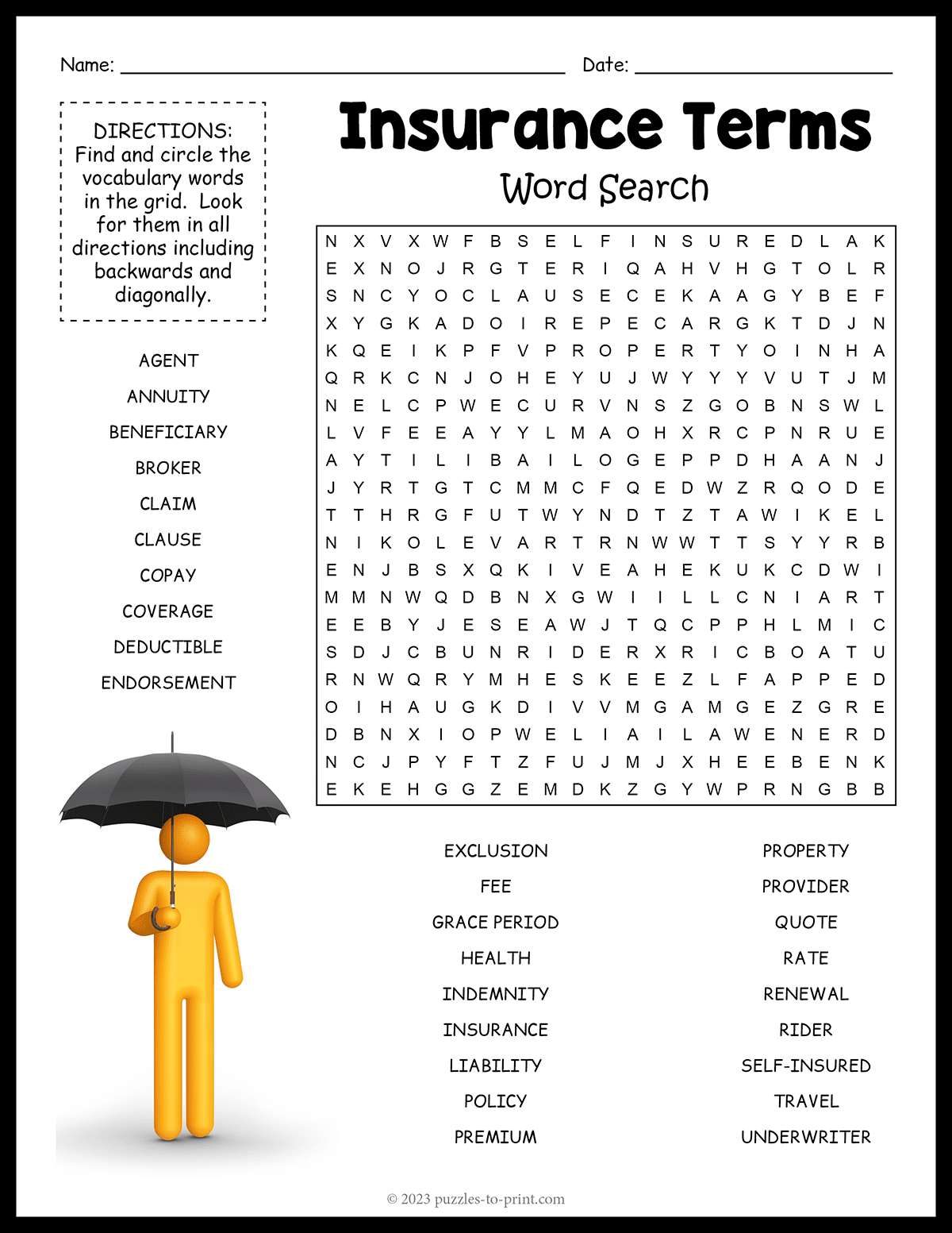 Insurance Terms Word Search
