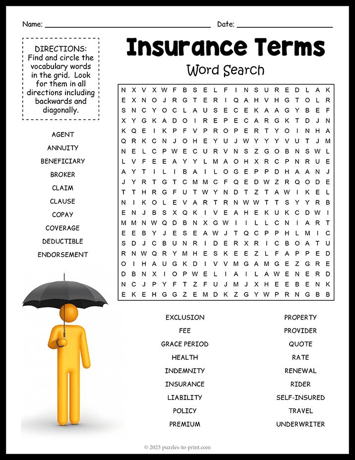 Insurance Terms Word Search