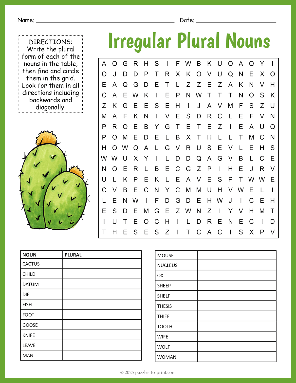 Irregular Plural Nouns Word Search
