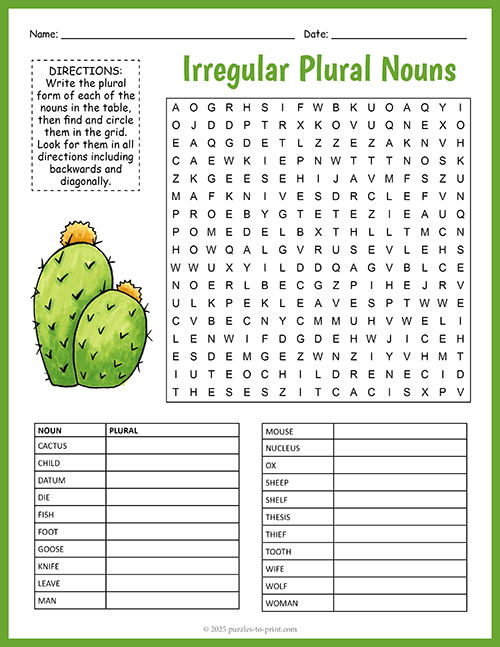 Irregular Plural Nouns Word Search