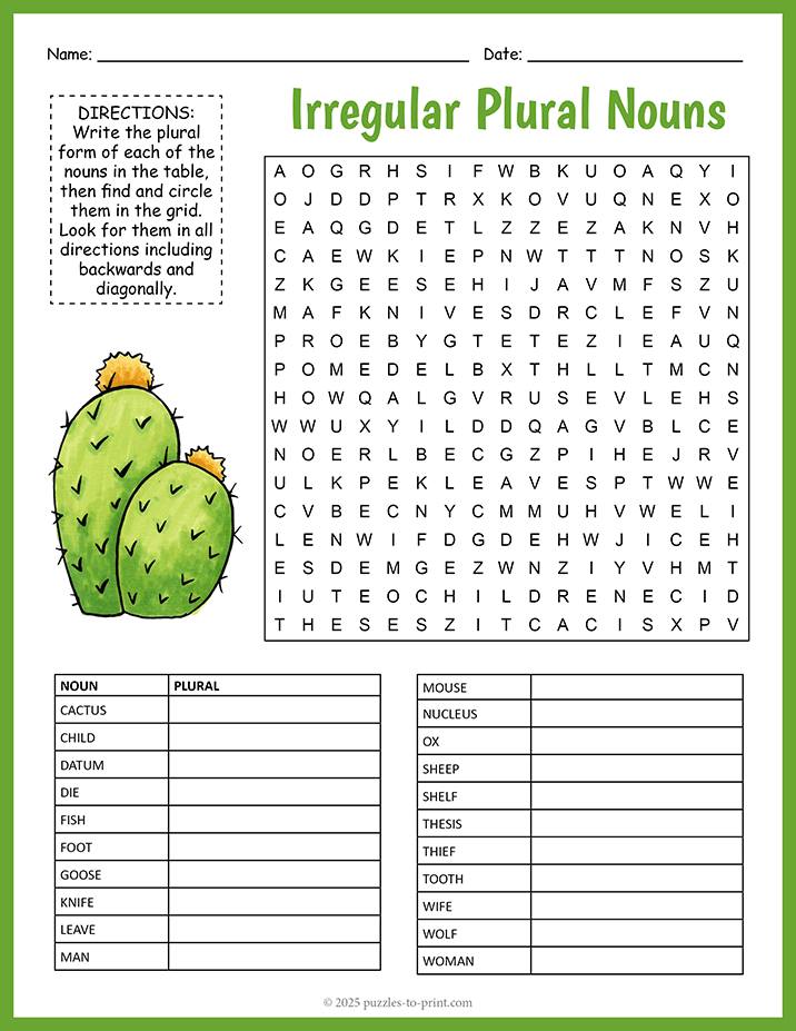 Irregular Plural Nouns Word Search