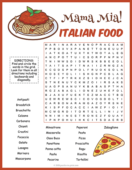 Italian Food Word Search