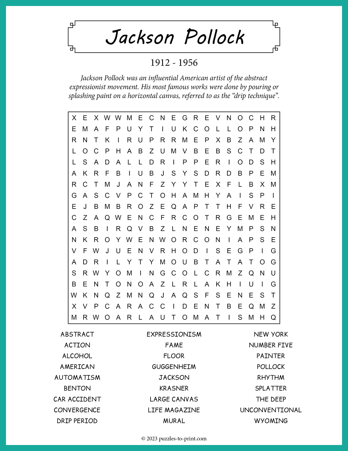 Jackson Pollock Word Search