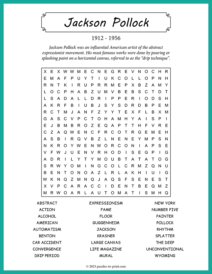 Jackson Pollock Word Search