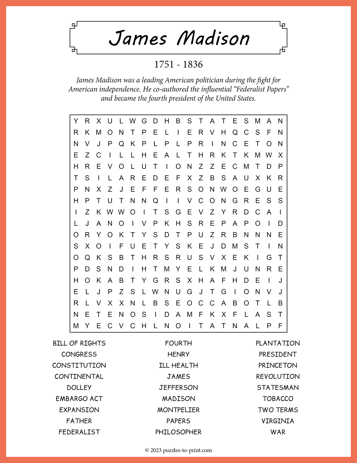 James Madison Word Search