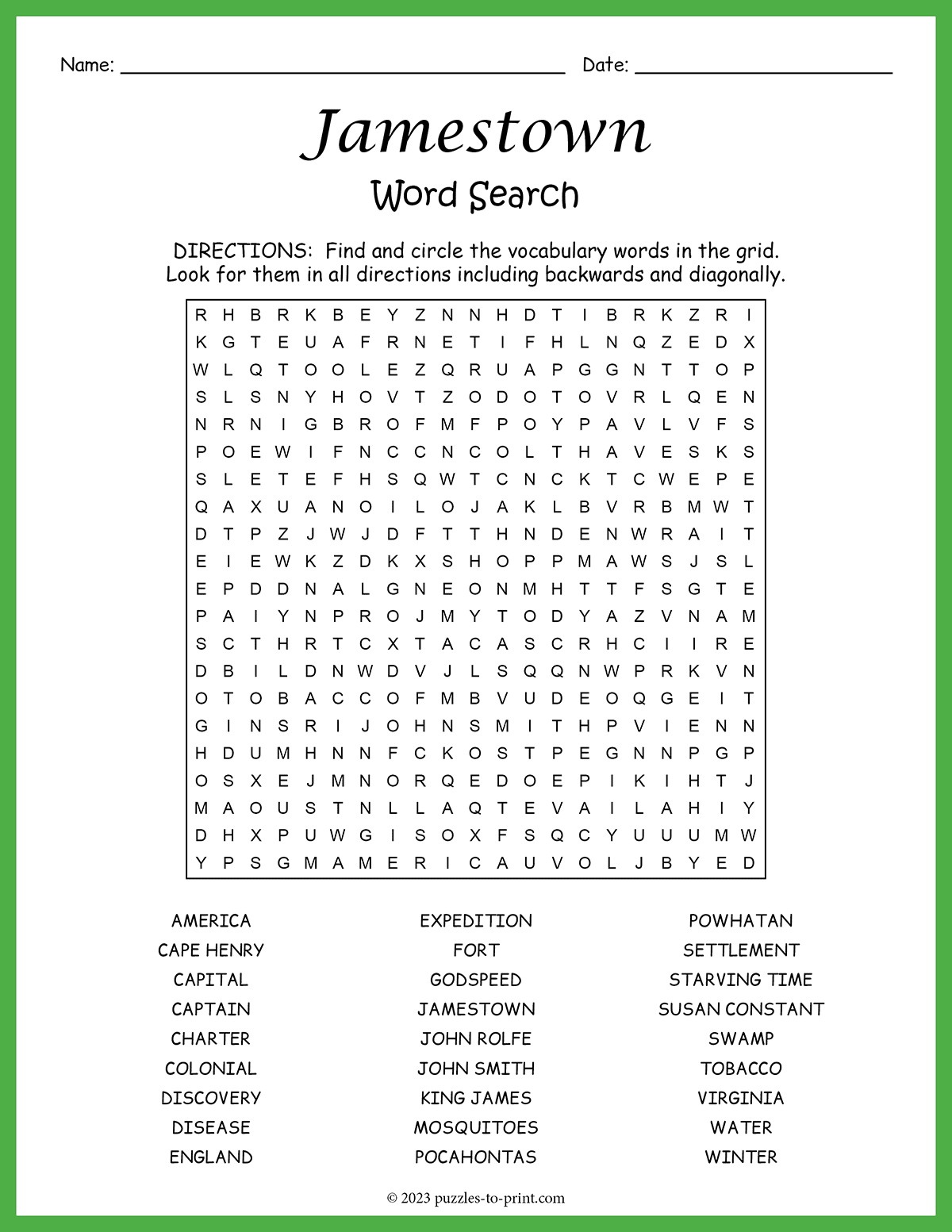 Jamestown Word Search