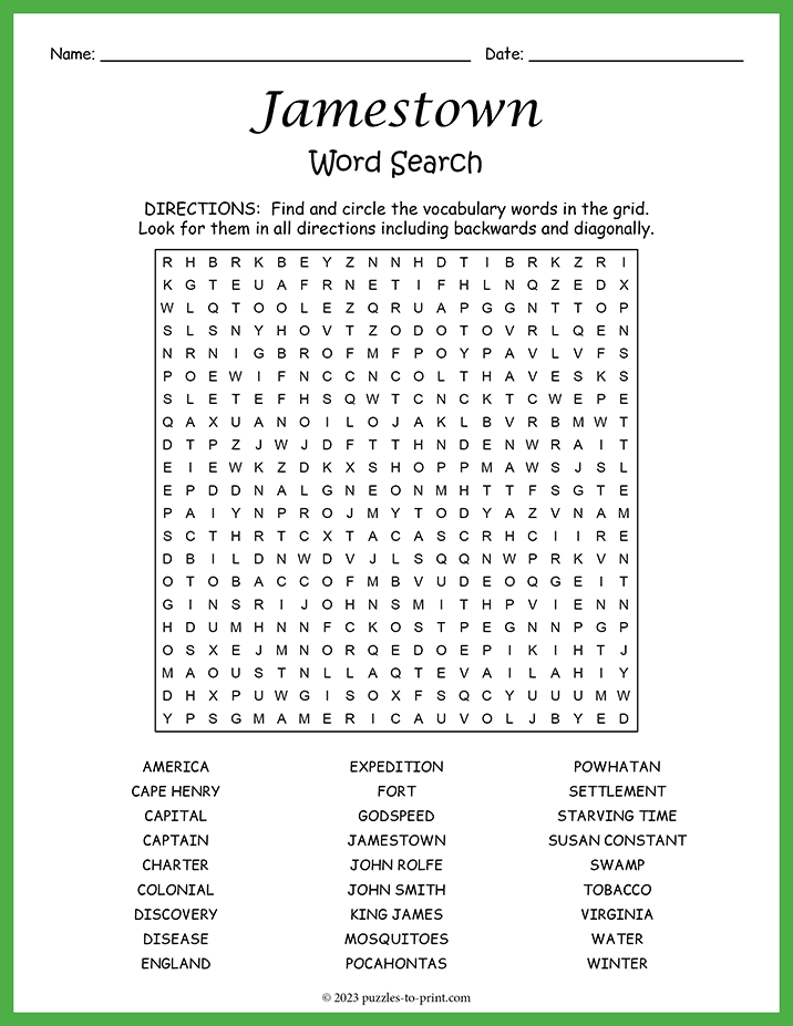 Jamestown Word Search
