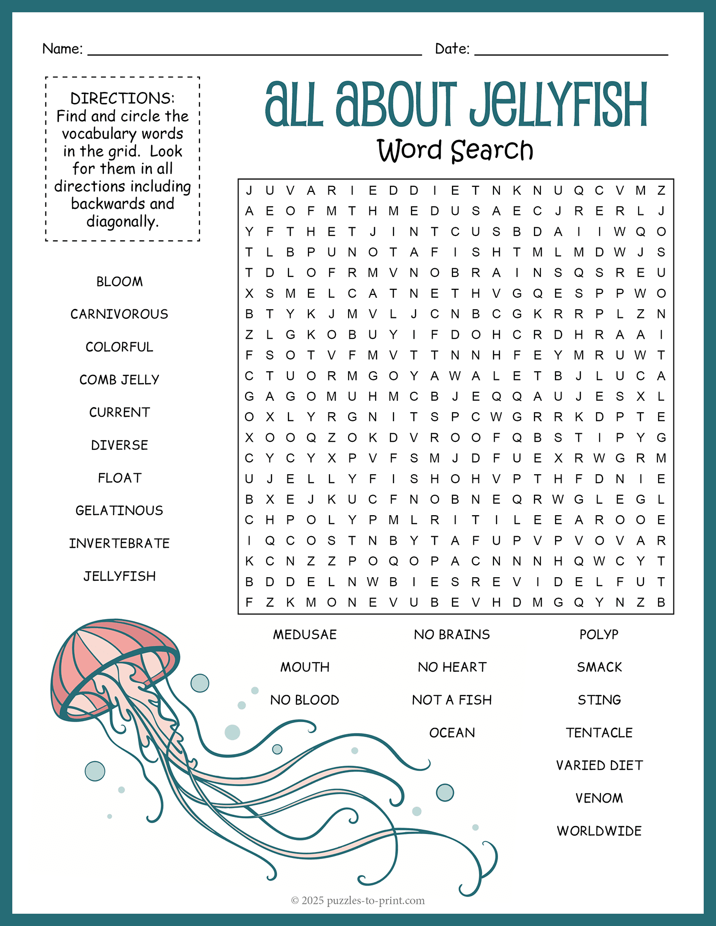 Jellyfish Word Search - Free Printable (Easy & Challenging)