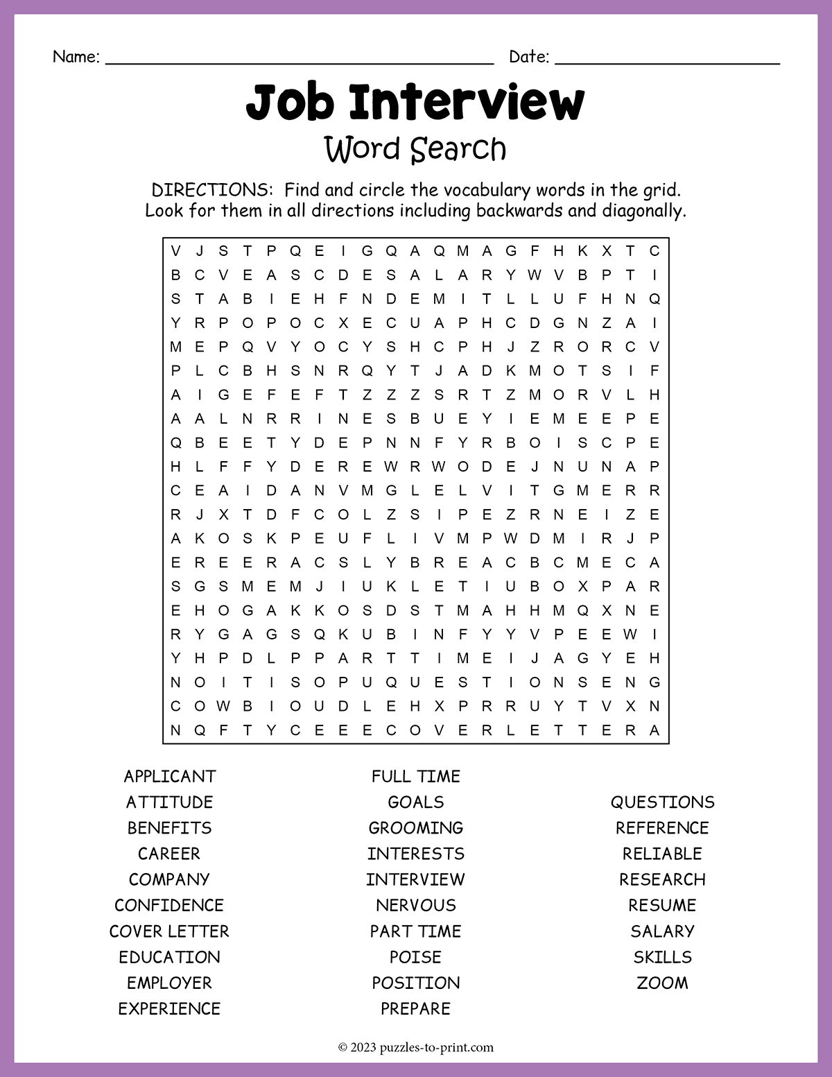 Job Interview Word Search
