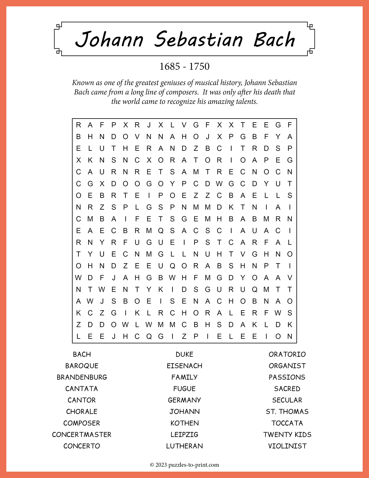 Johann Sebastian Bach Word Search
