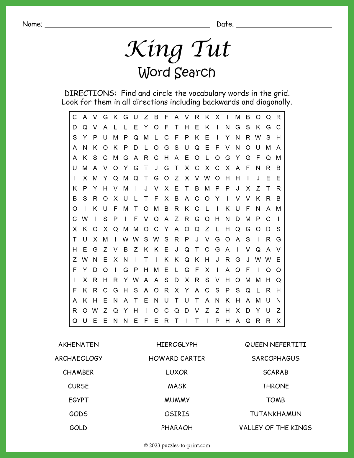 King Tut Word Search