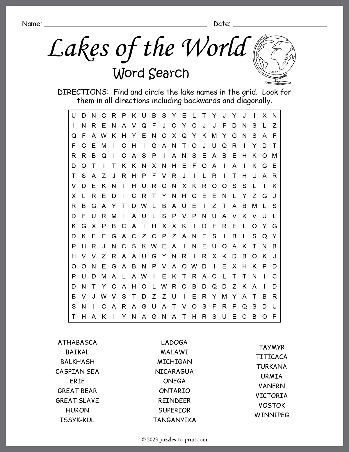 Lakes of the World Word Search