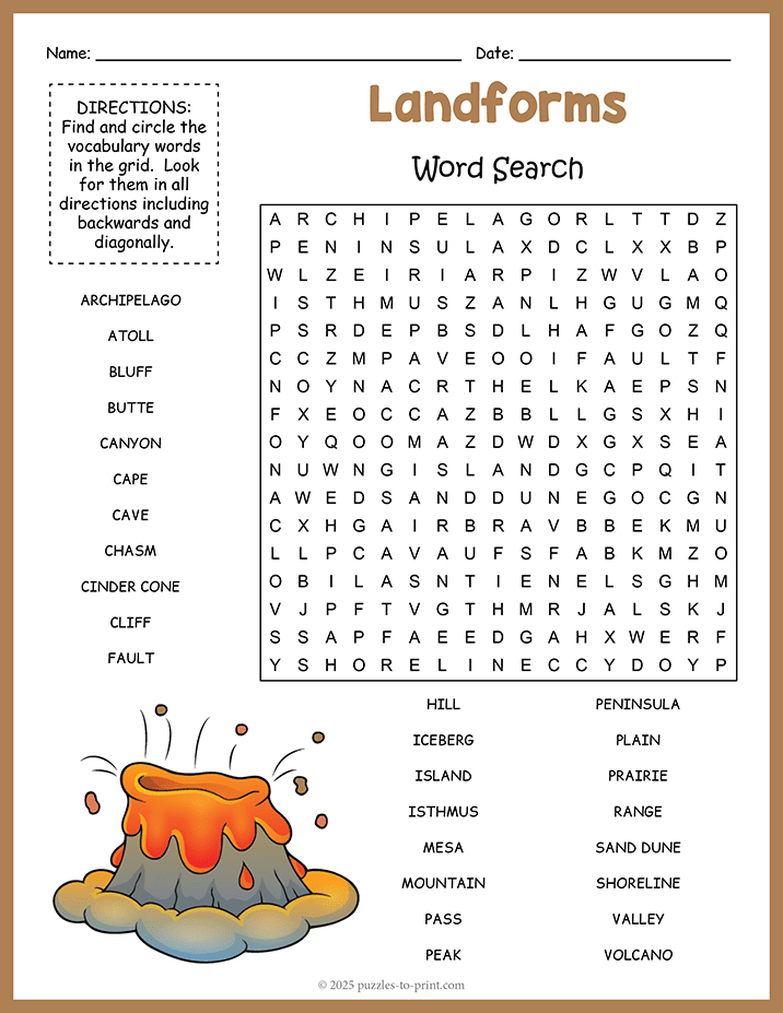 Landforms Word Search
