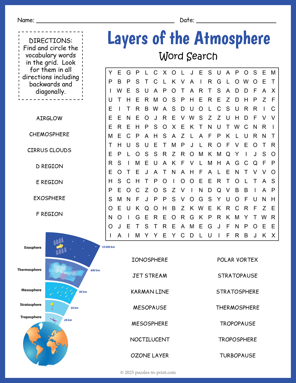 Layers of the Atmosphere Word Search