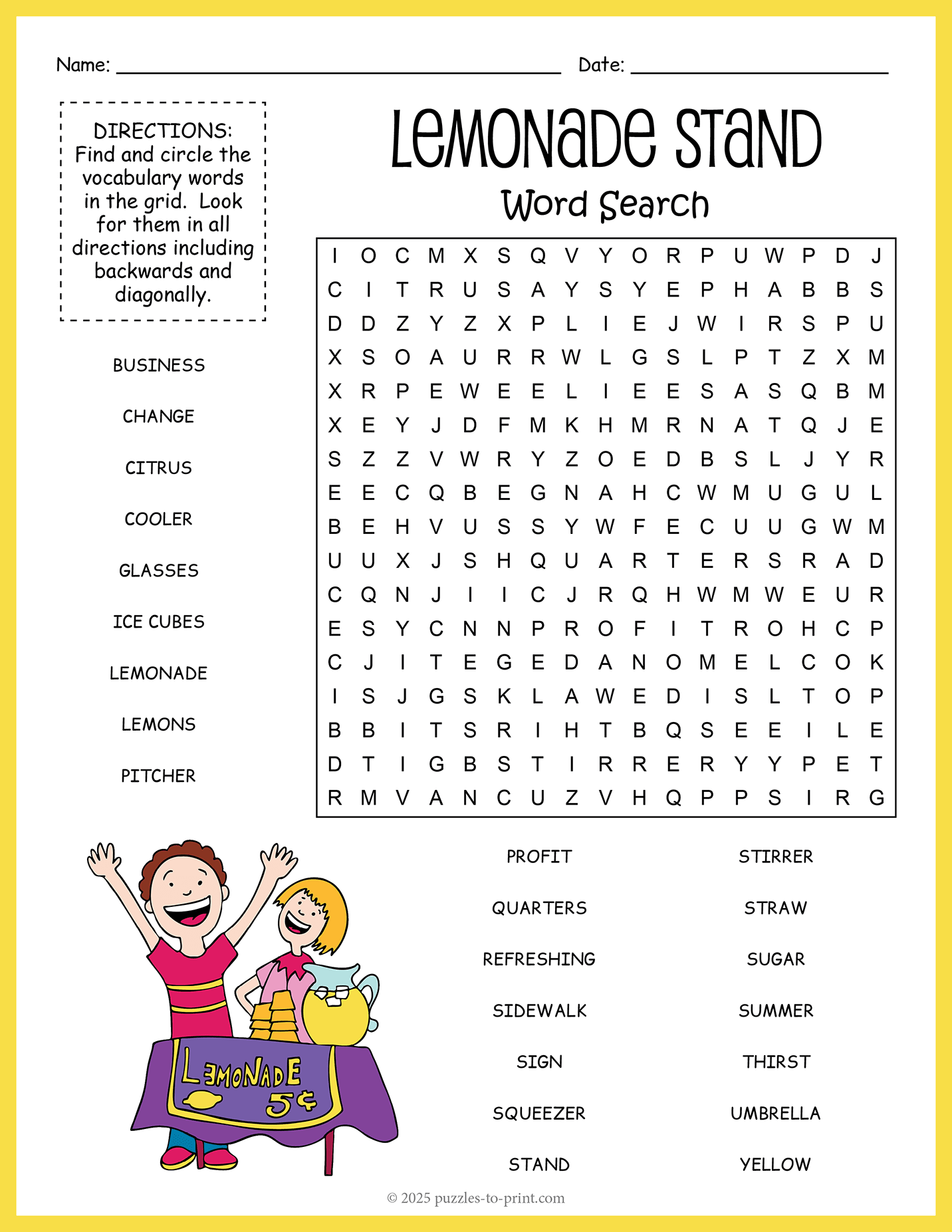 Lemonade Stand Word Search