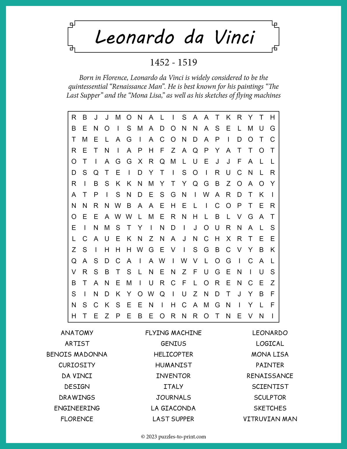 Leonardo da Vinci Word Search