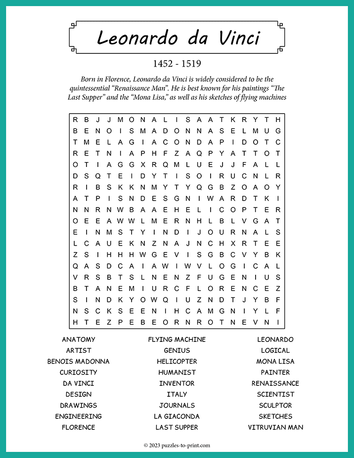 Leonardo Da Vinci search puzzle letter grid famous personalities ...