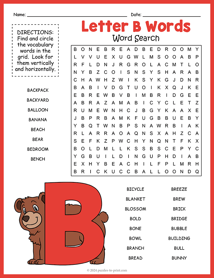 Letter B Words Word Search