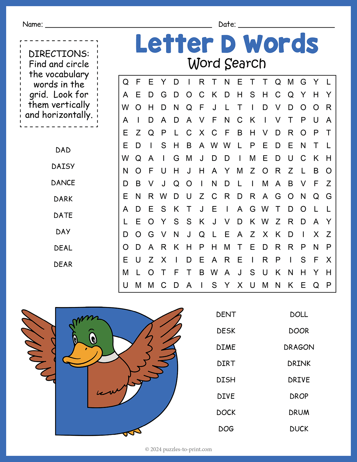 Letter D Words Word Search