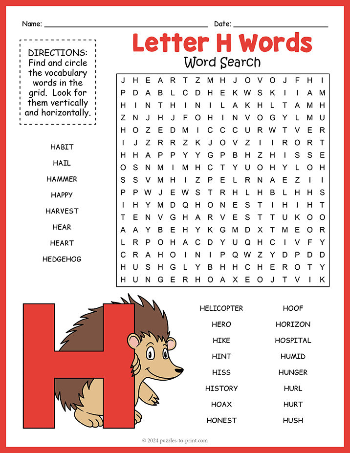 Letter H Words Word Search