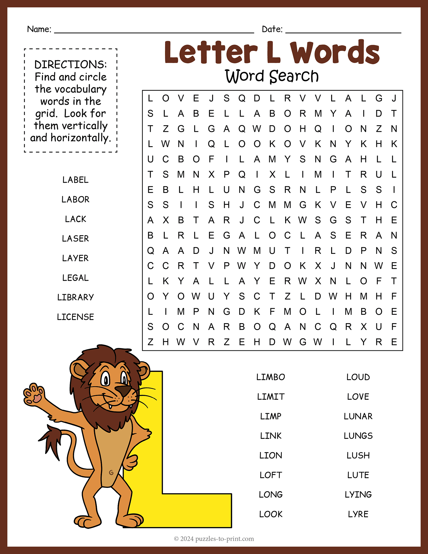Letter L Words Word Search Puzzle Worksheet