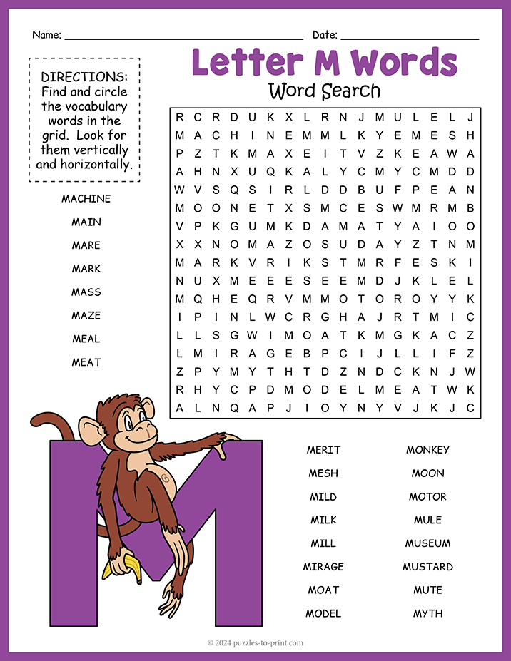 Letter M Words Word Search