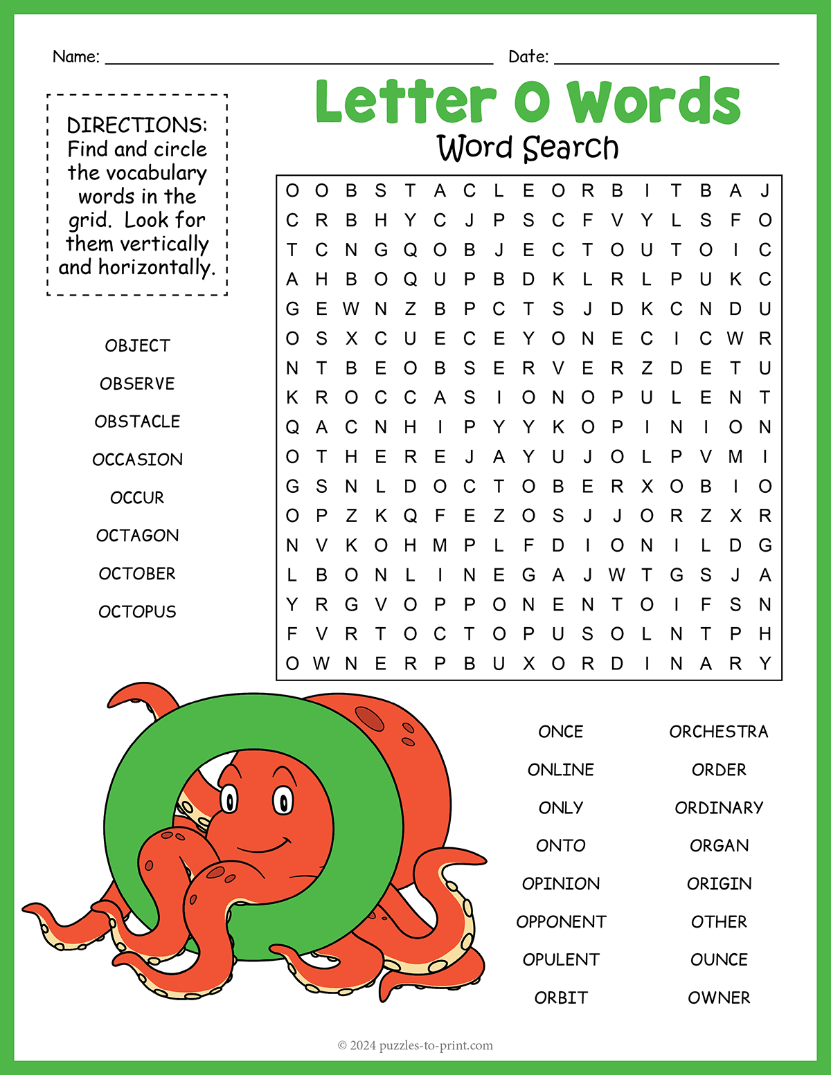 Letter O Words Word Search