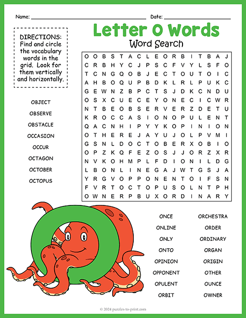 Letter O Words Word Search