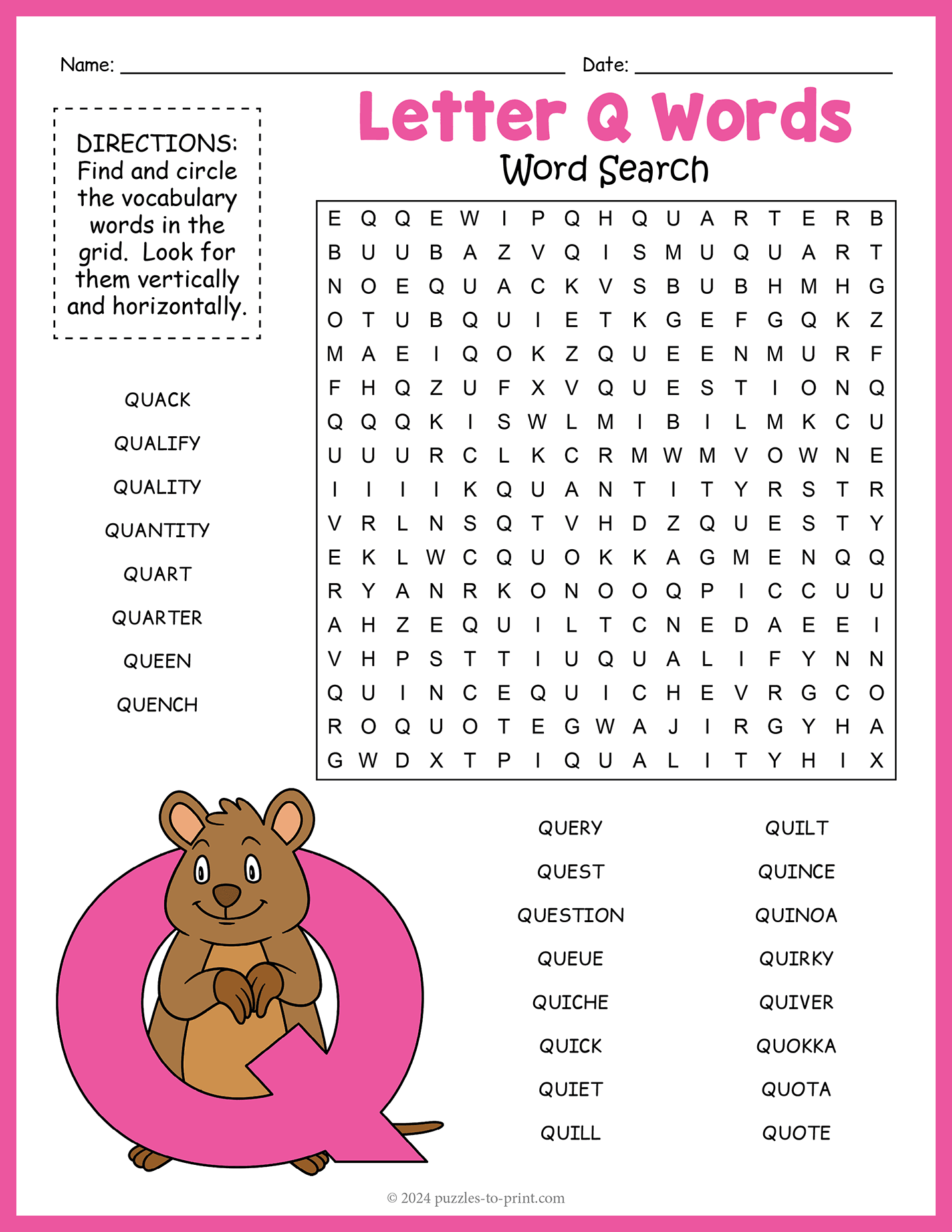 Letter Q Words Word Search Puzzle Worksheet