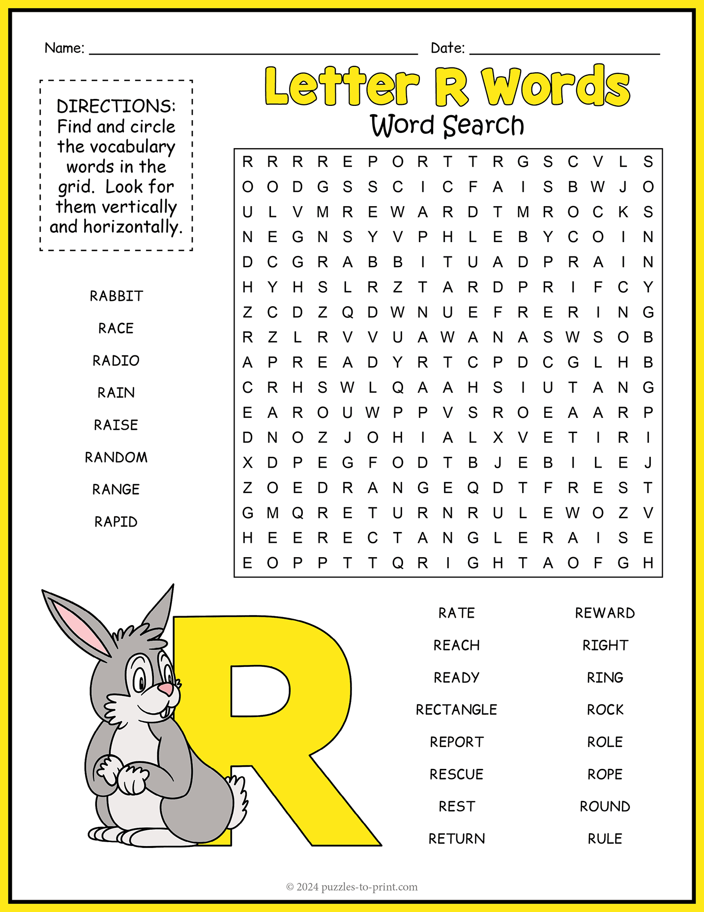 Letter R Words Word Search Puzzle Worksheet