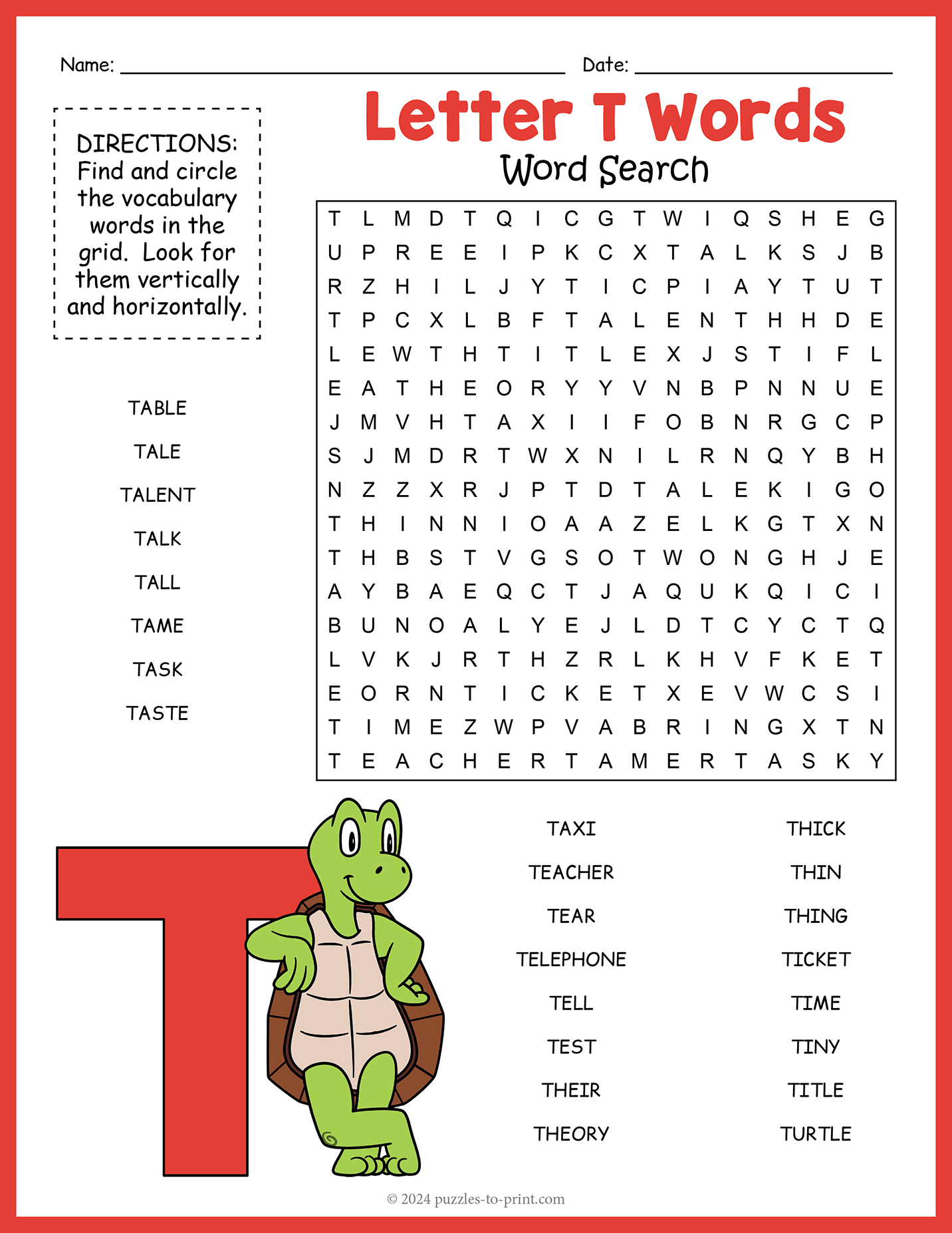 Letter T Words Word Search Puzzle Worksheet