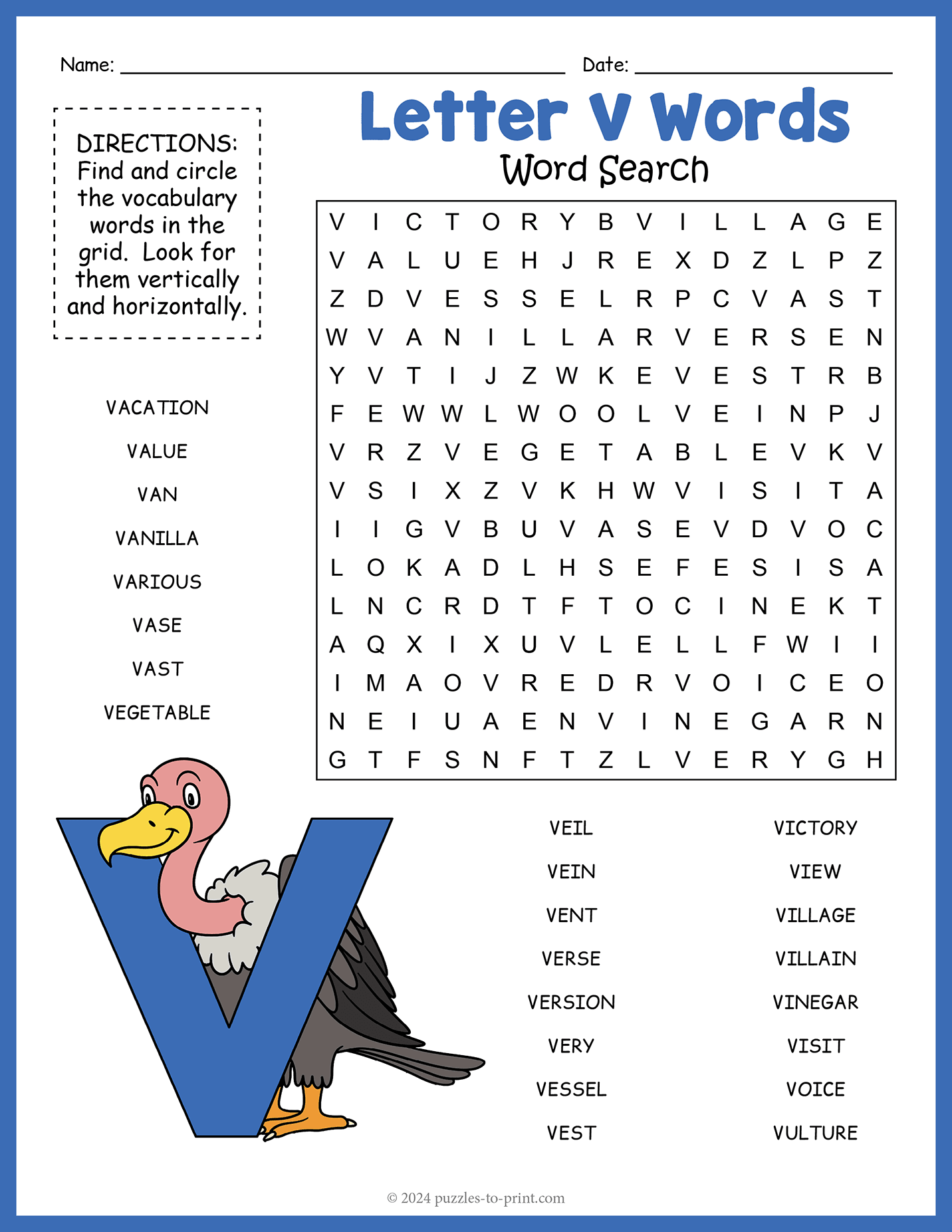 Letter V Words Word Search Puzzle Worksheet