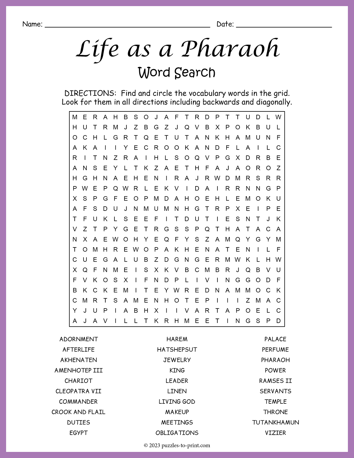 Life as a Pharaoh Word Search