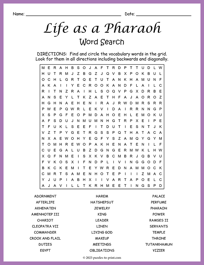 Life as a Pharaoh Word Search