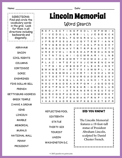 Lincoln Memorial Word Search