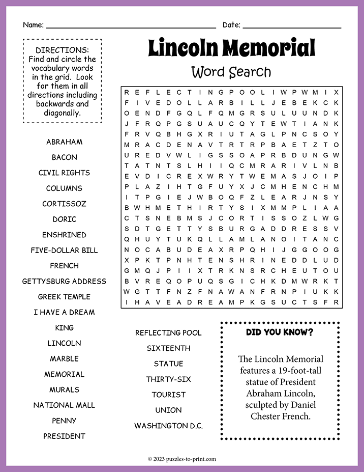 Lincoln Memorial Word Search