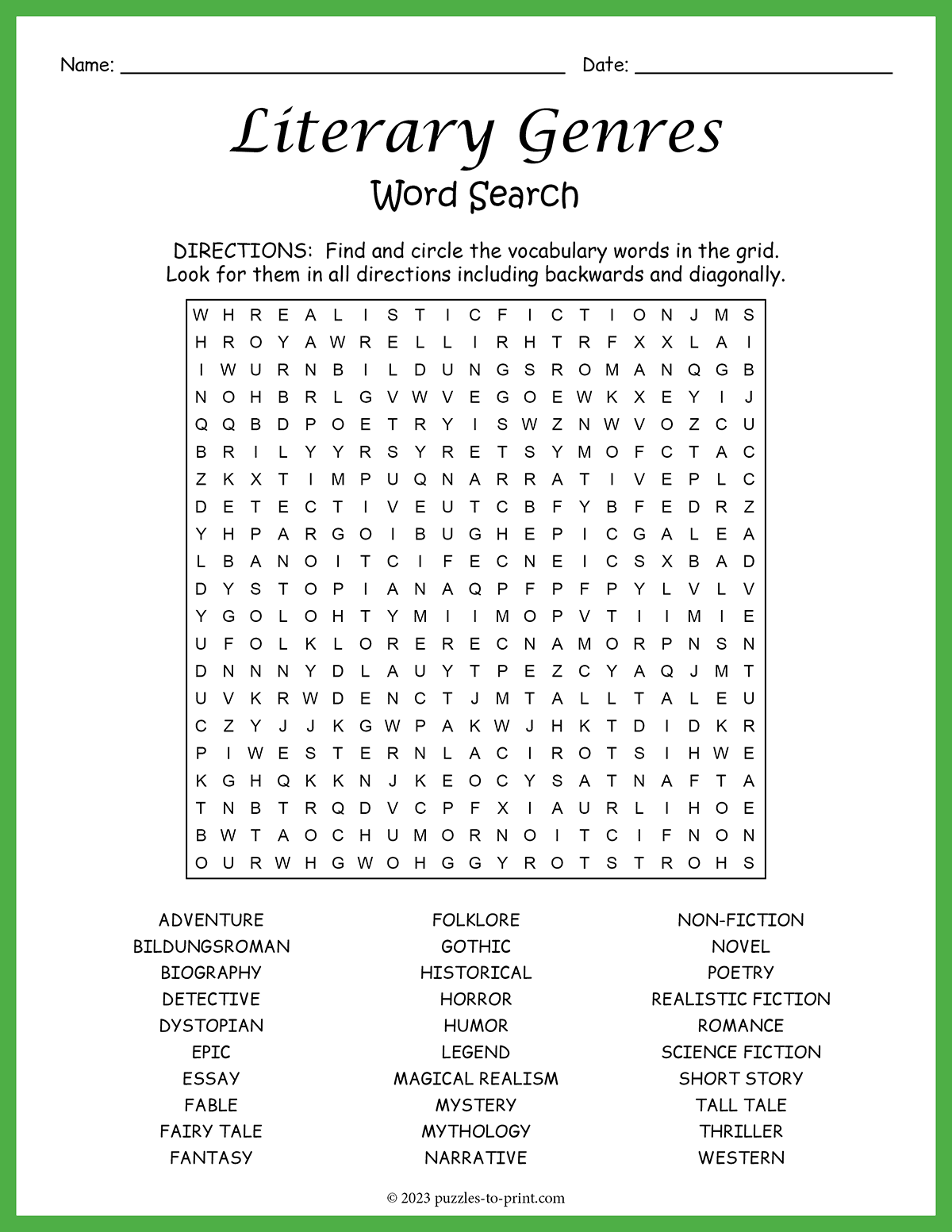 Literary Genres Word Search