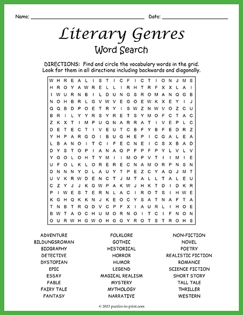 Literary Genres Word Search