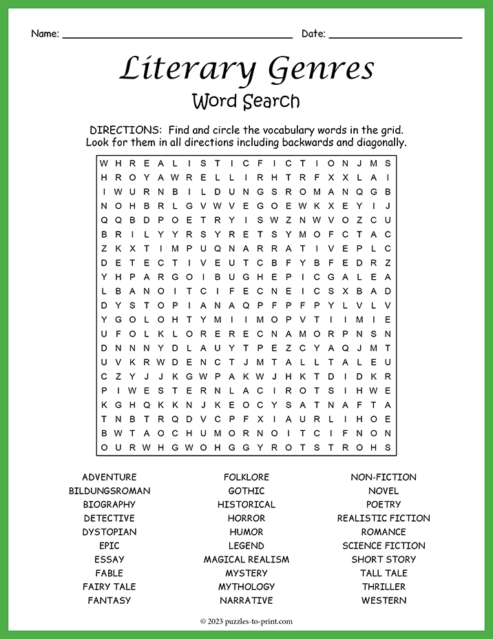 Literary Genres Word Search