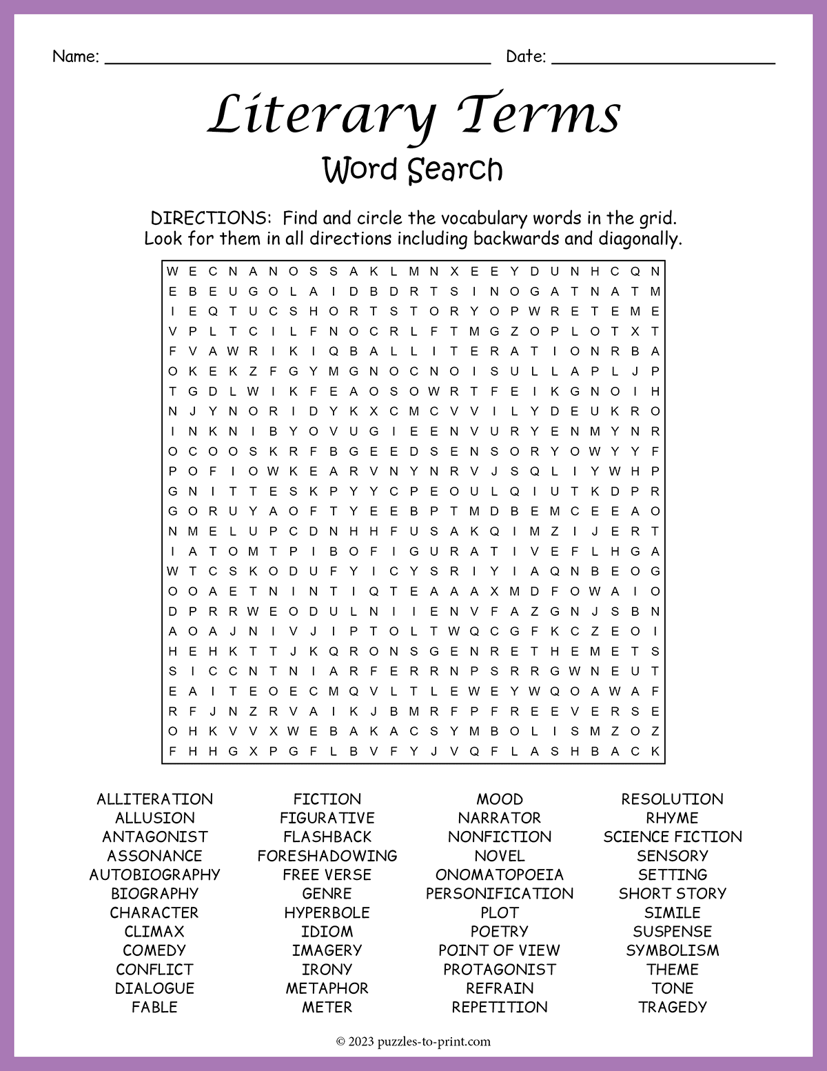 Literary Terms Word Search