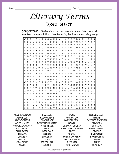 Literary Terms Word Search