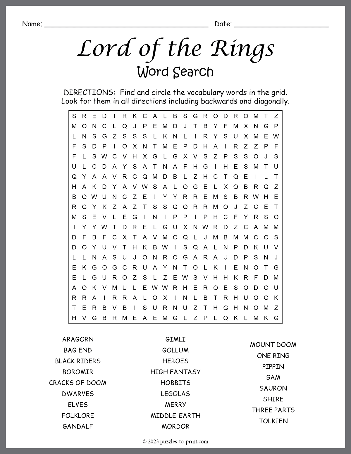 Lord of the Rings Word Search