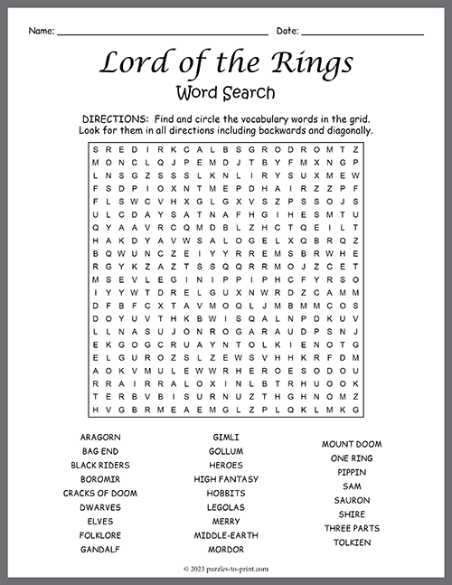 Lord of the Rings Word Search