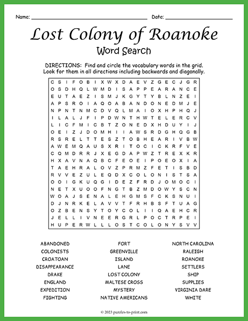 Lost Colony of Roanoke Word Search
