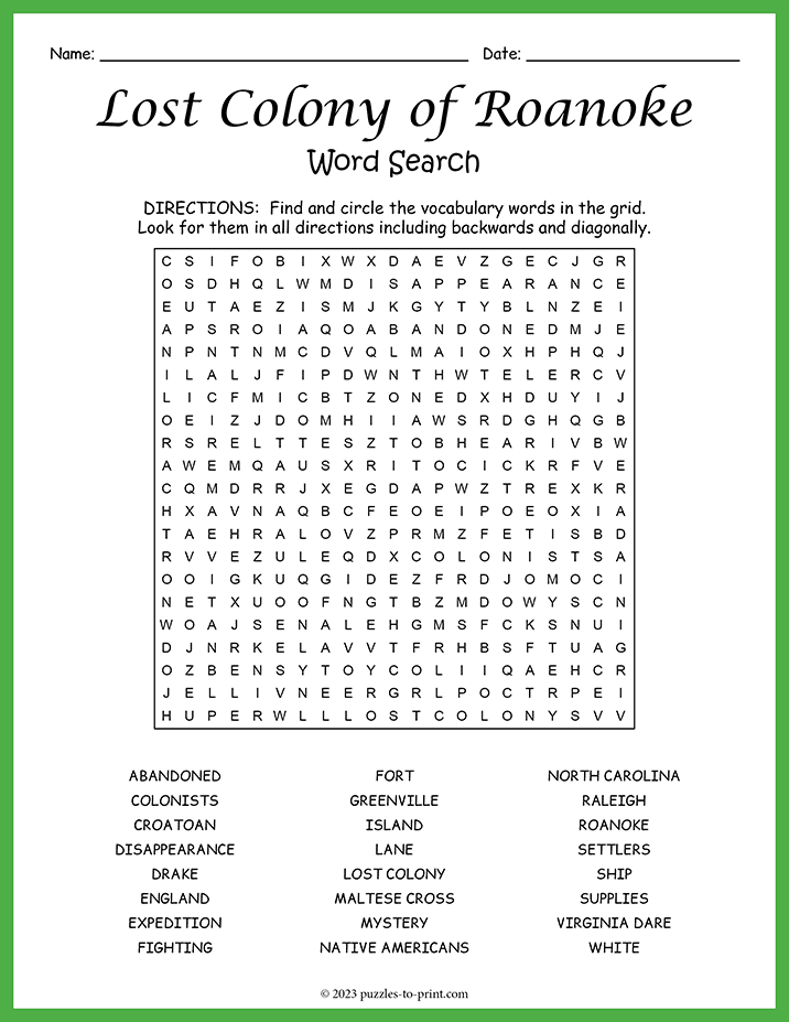 Lost Colony of Roanoke Word Search