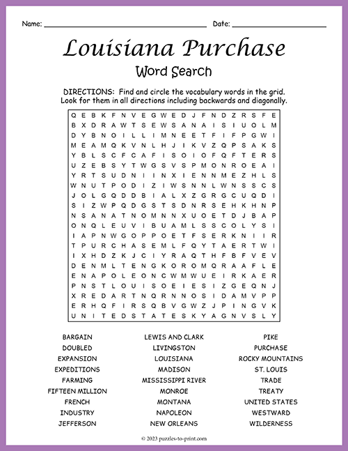 Louisiana Purchase Word Search