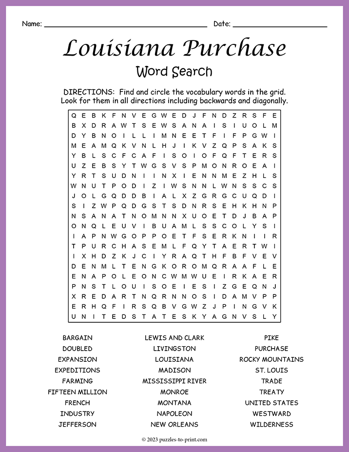 Louisiana Purchase Word Search