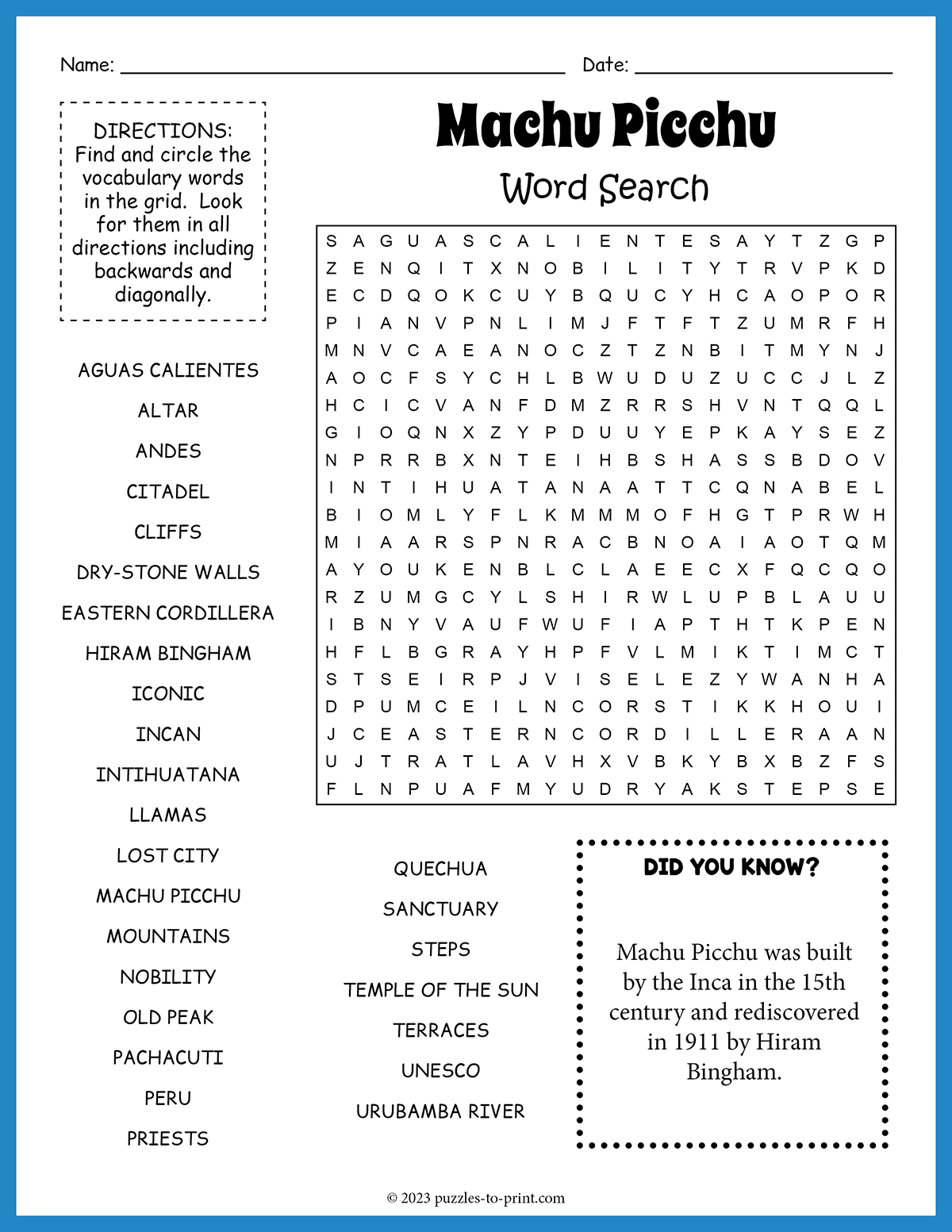 Machu Picchu Word Search
